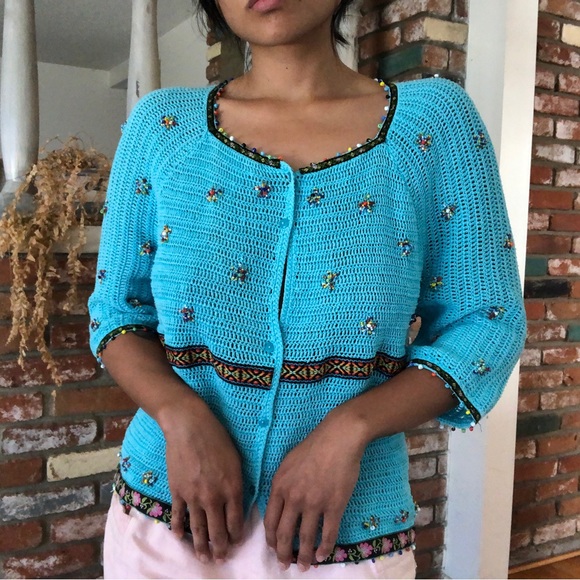 Vintage | Tops | Y2k Crochet Boho Beaded Floral Aztec Bright Top | Poshmark